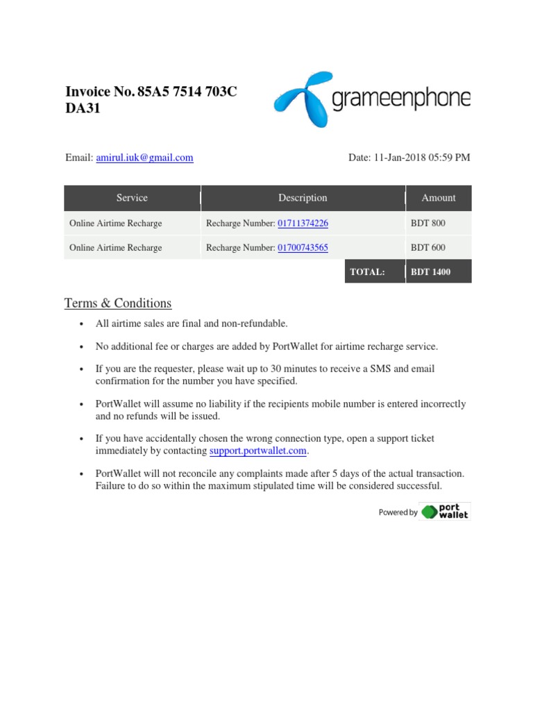 Airtime Recharge Invoice | PDF | Finance & Money Management