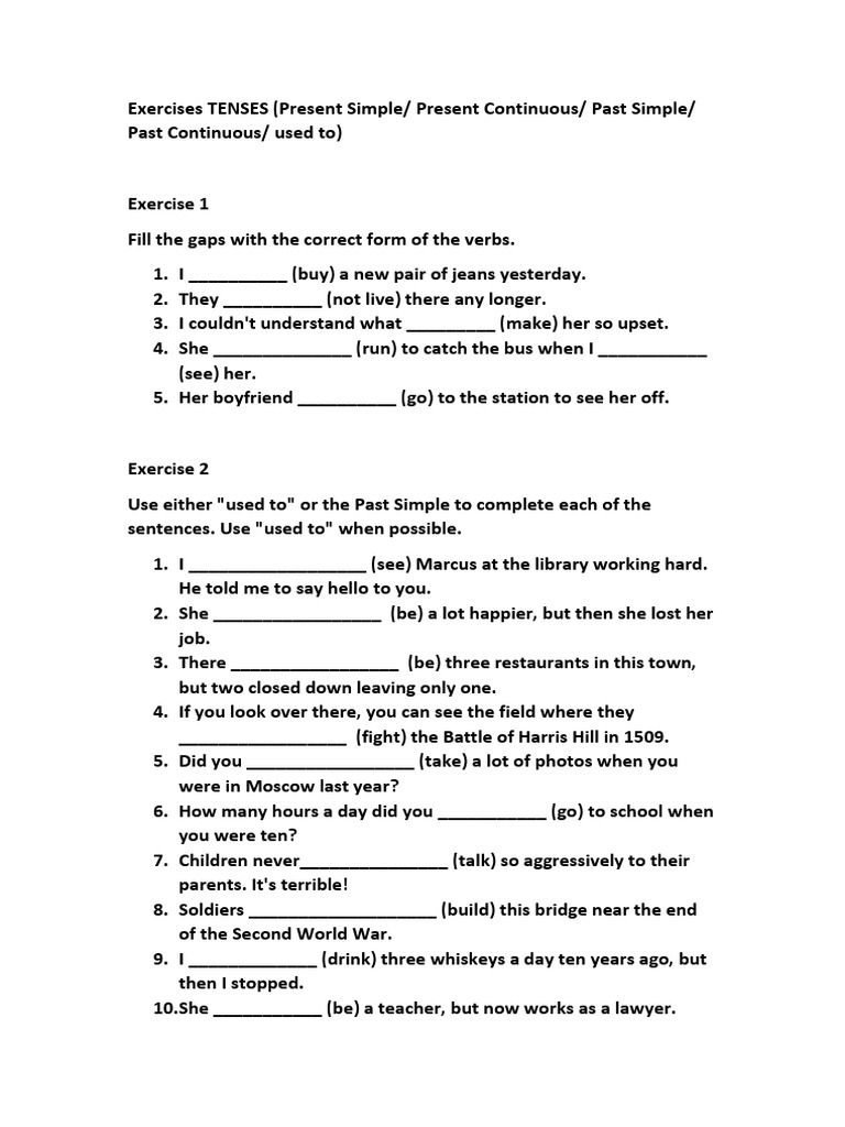 Tenses Exercises: Past Simple & Used To | PDF | Grammatical Tense ...