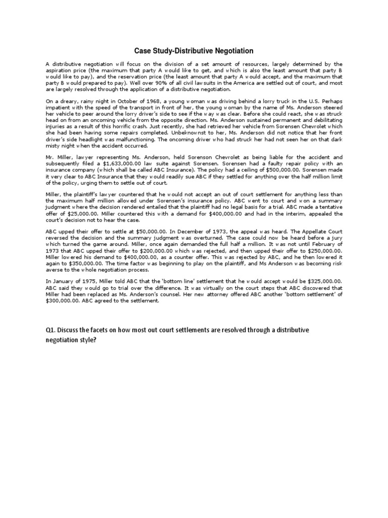 Distributive Negotiation Case Study | PDF | Settlement (Litigation ...