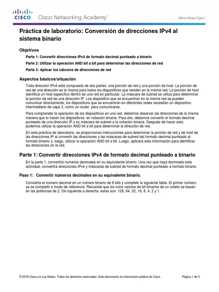 7.1.2.9 Lab - Converting IPv4 Addresses To Binary | PDF | Dirección IP | Poco