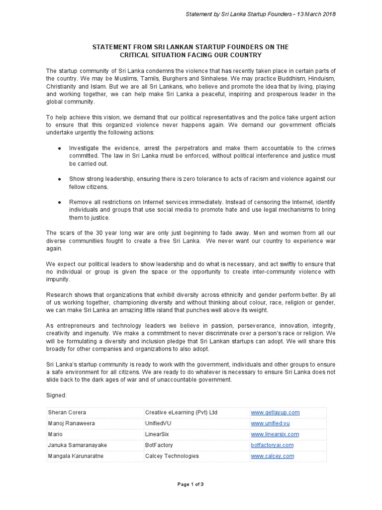 Statement From SL Startup Founders On The Critical Situation of The ...