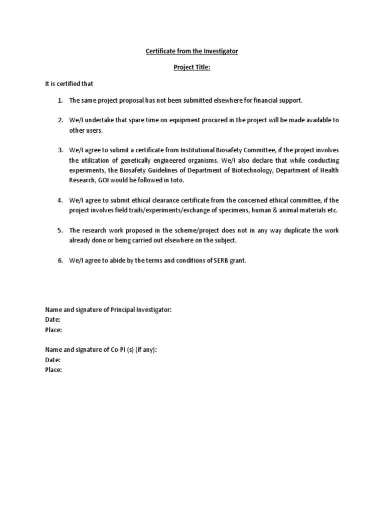 Certificate From The Investigator Project Title | PDF