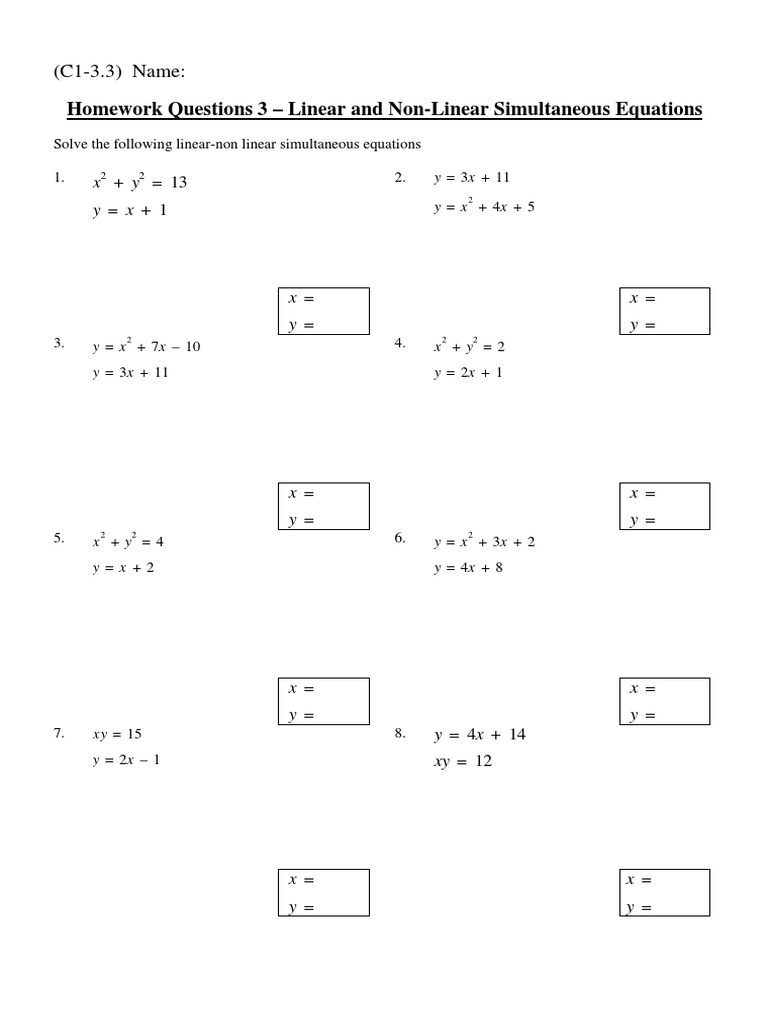 Homework Questions 3 - Linear and Non-Linear Simultaneous Equations | PDF