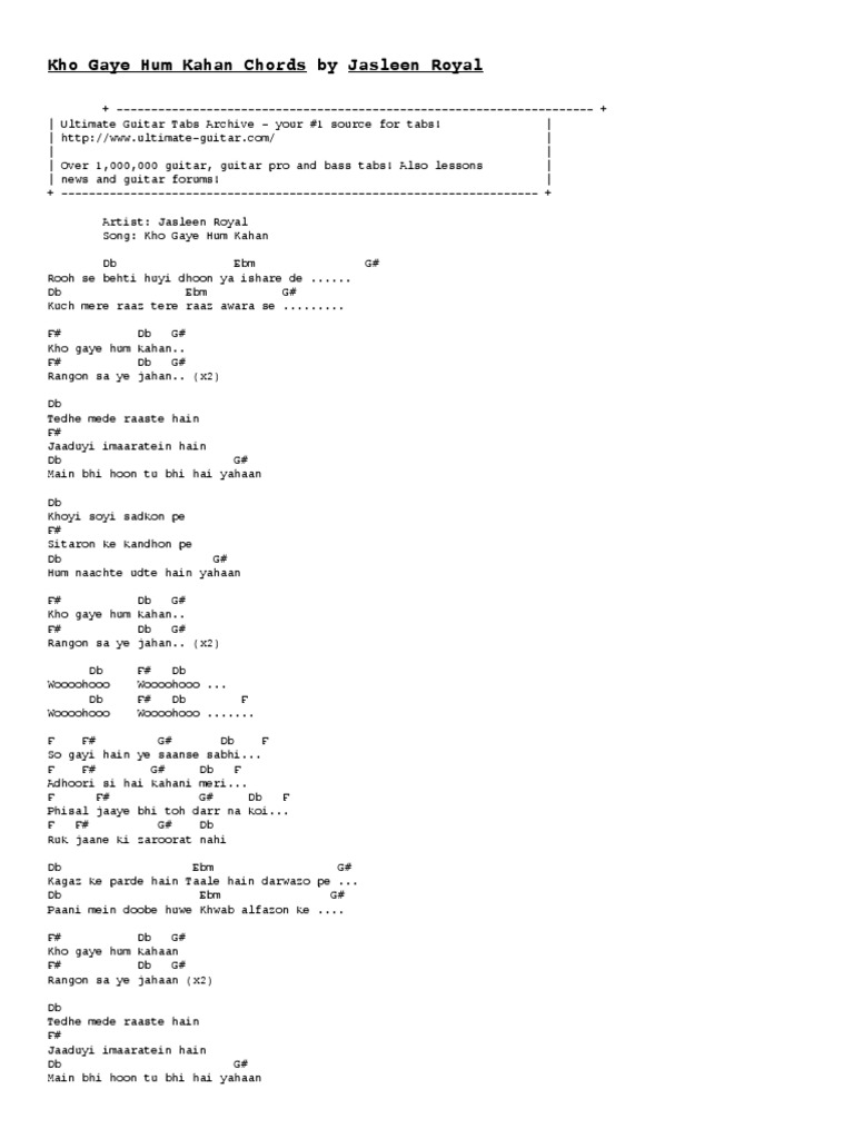 Kho Gaye Hum Kahan Chords by Jasleen Royal Tabs at Ultimate Guitar ...