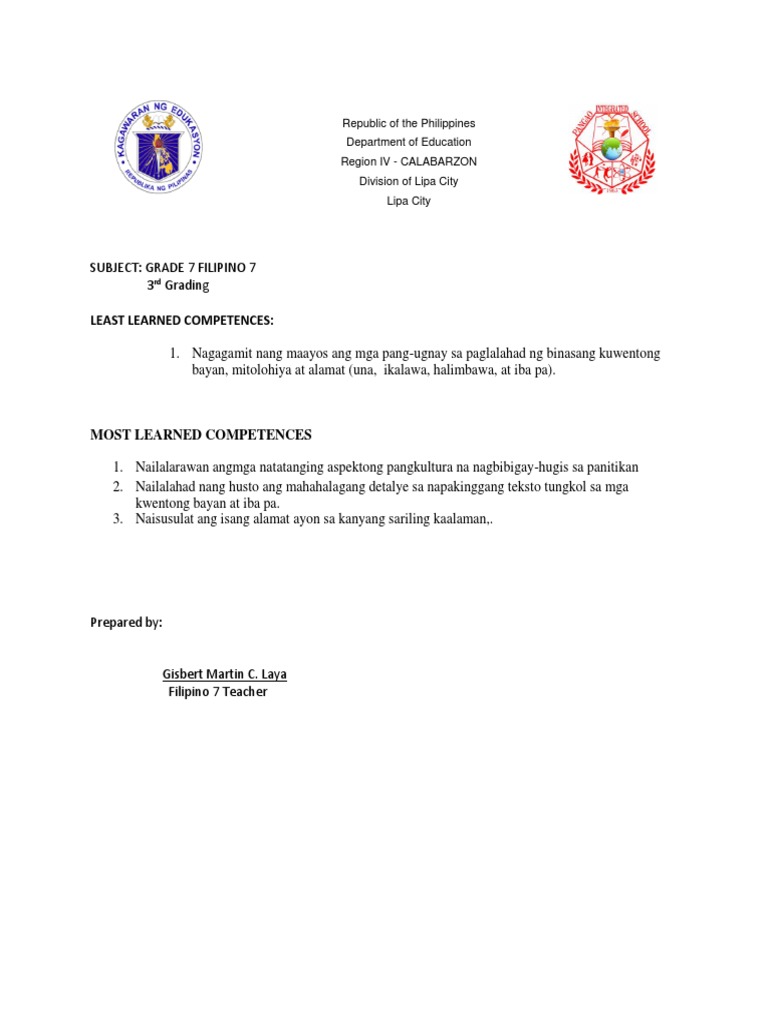 3rd-Grading-Least and Most Learned Filipino 7 | PDF