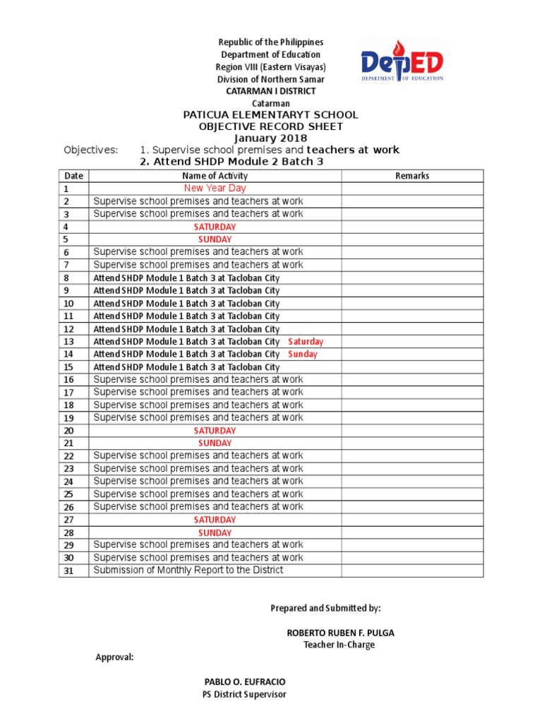 Objectives Record Sheet (Ors) January 2018 | PDF | Philippines