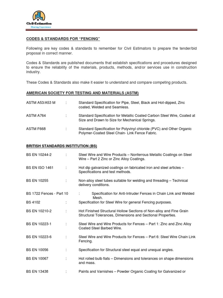Codes Standards For Fencing | PDF | Wire | Steel