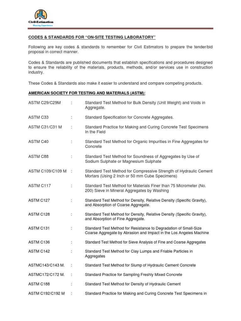Codes Standards For On Site Testing Laboratory | PDF | Asphalt ...
