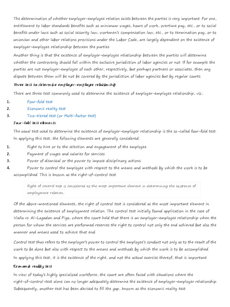 The Four Fold Test | PDF | Employment | Labour Law