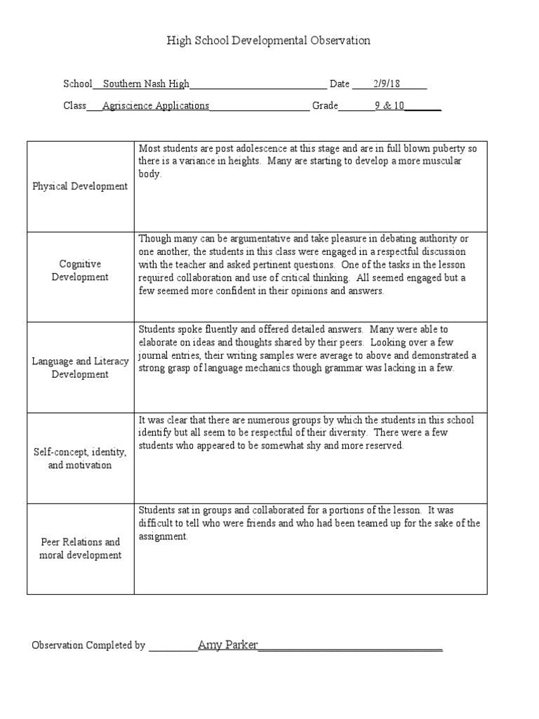 Parker-High School Developmental Observation | PDF | Wellness