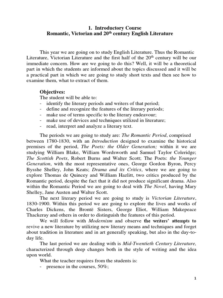 Introductory Course Romantic, Victorian and 20 Century English ...