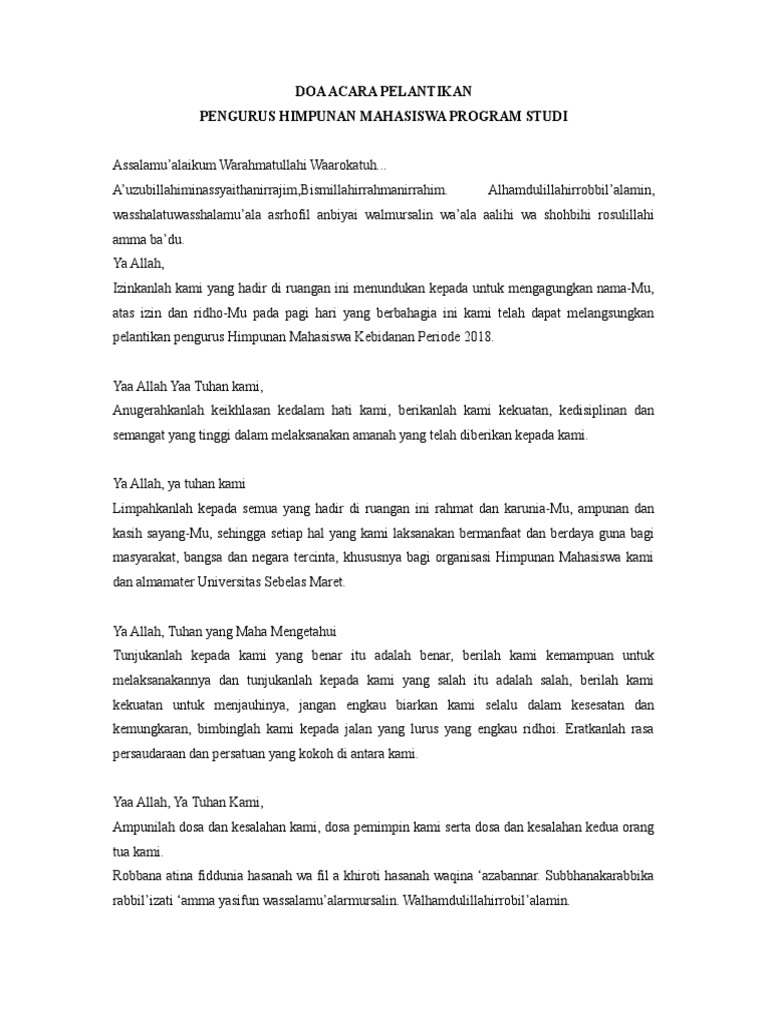 Teks Doa Pelantikan Pengurus Himpunan Mahasiswa Program Studi | PDF