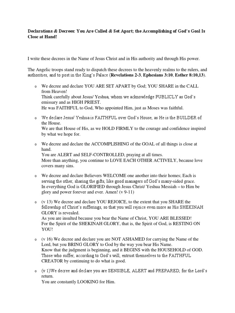 Declarations & Decrees: You Are Called & Set Apart The Accomplishing of ...