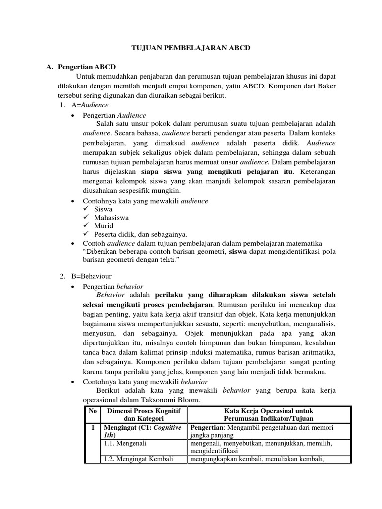 Menyusun Tujuan Pembelajaran Dengan Kaidah Rumus ABCD | PDF