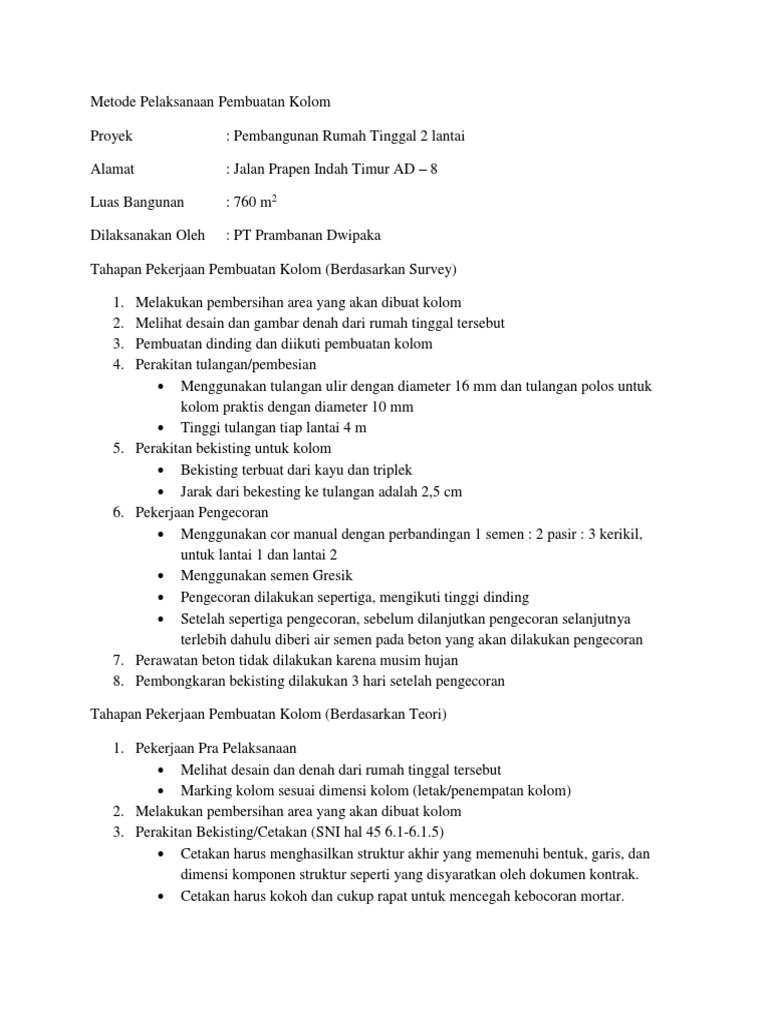 Metode Pelaksanaan Pembuatan Kolom | PDF