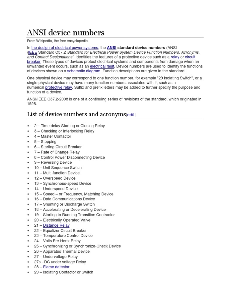 ANSI Device Numbers | PDF | Relay | Switch