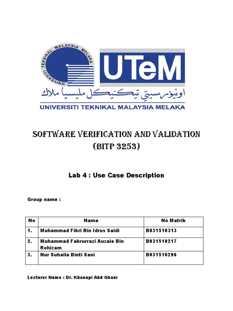 Software Verification and Validation (Bitp 3253) : Lab 4: Use Case Description | PDF | Use Case ...