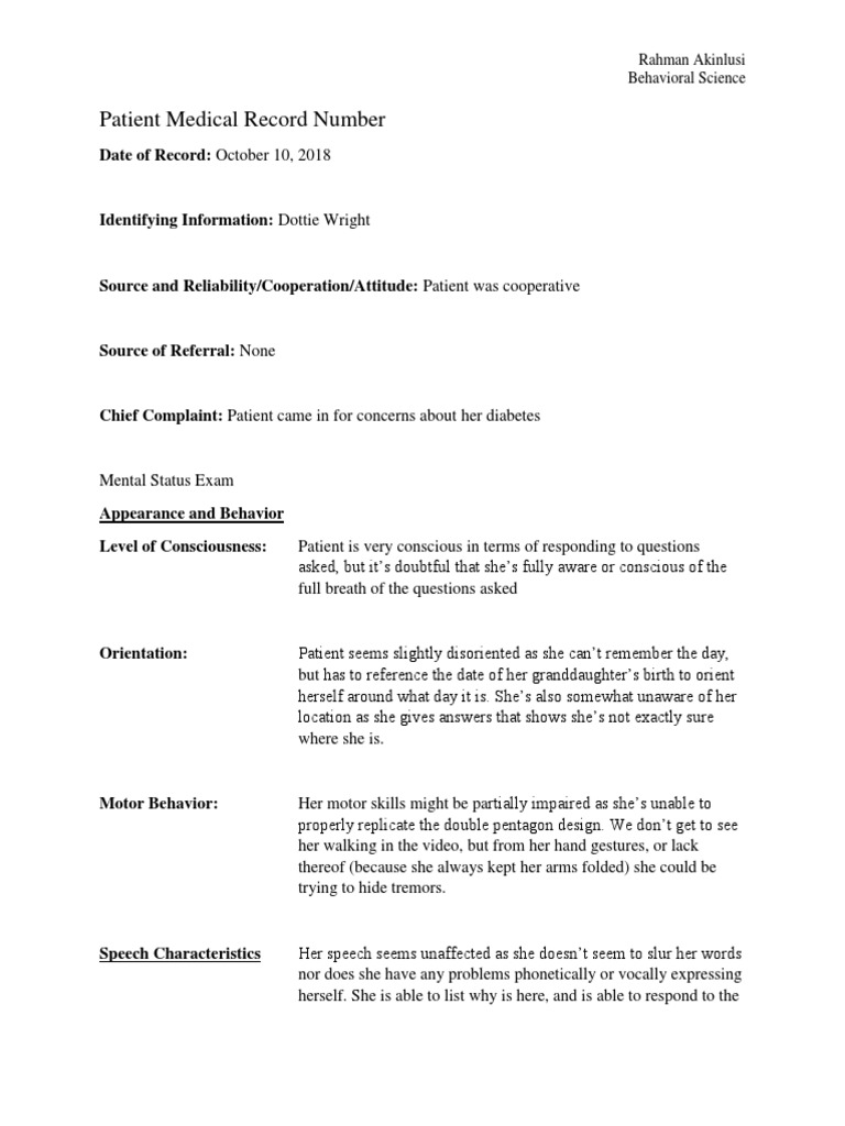 Mental Status Exam Report Outline | Amnesia | Insight | Free 30-day ...