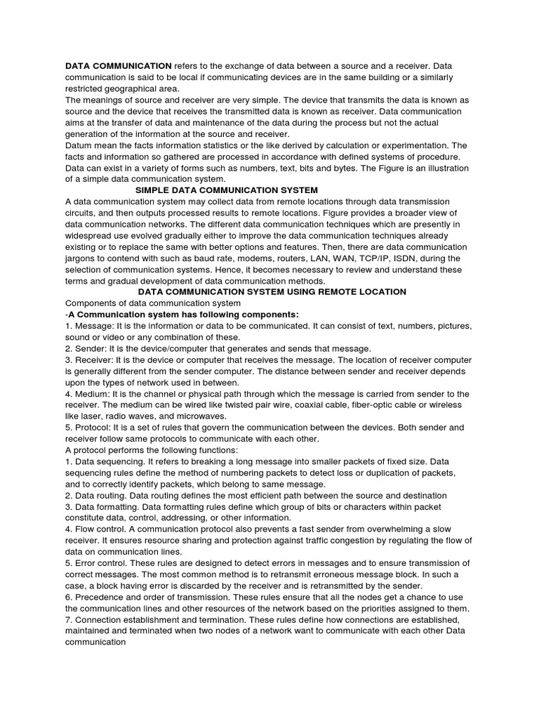 DATA COMMUNICATION Refers To The Exchange of Data Between A Source and ...