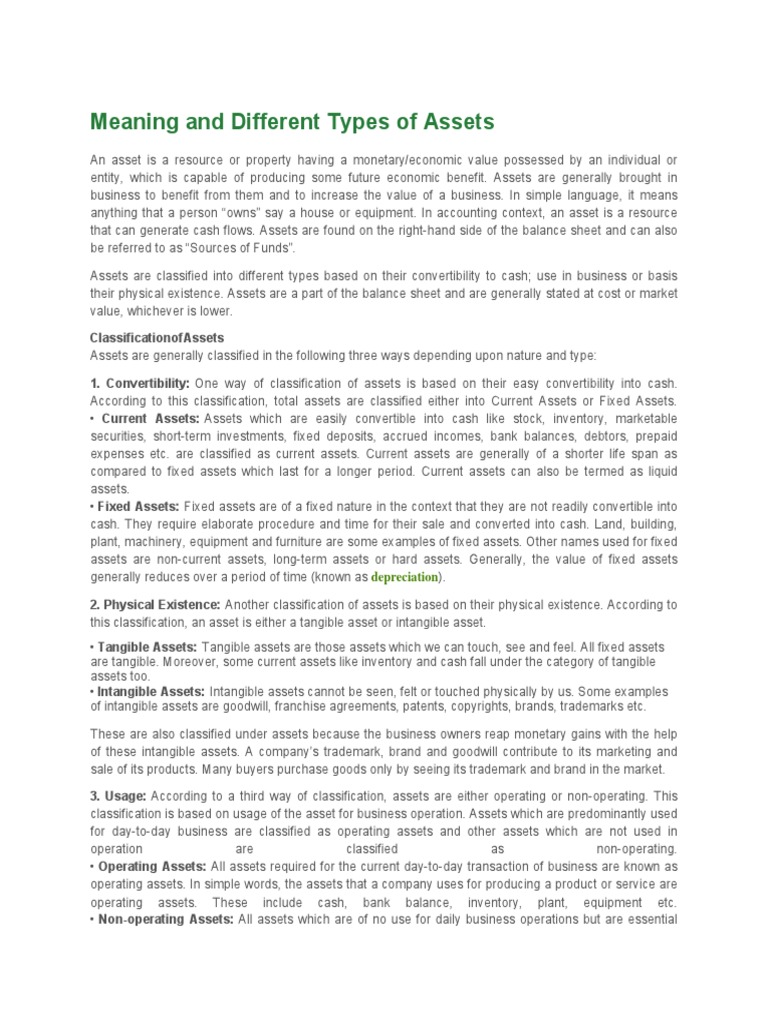 Meaning and Different Types of Assets | PDF | Fixed Asset | Goodwill ...