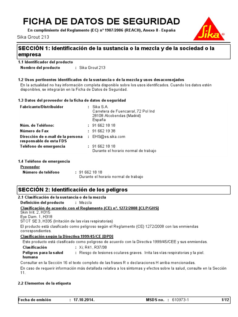 Hoja de Seguridad Sika 32 | Descargar gratis PDF | Toxicidad | Residuos