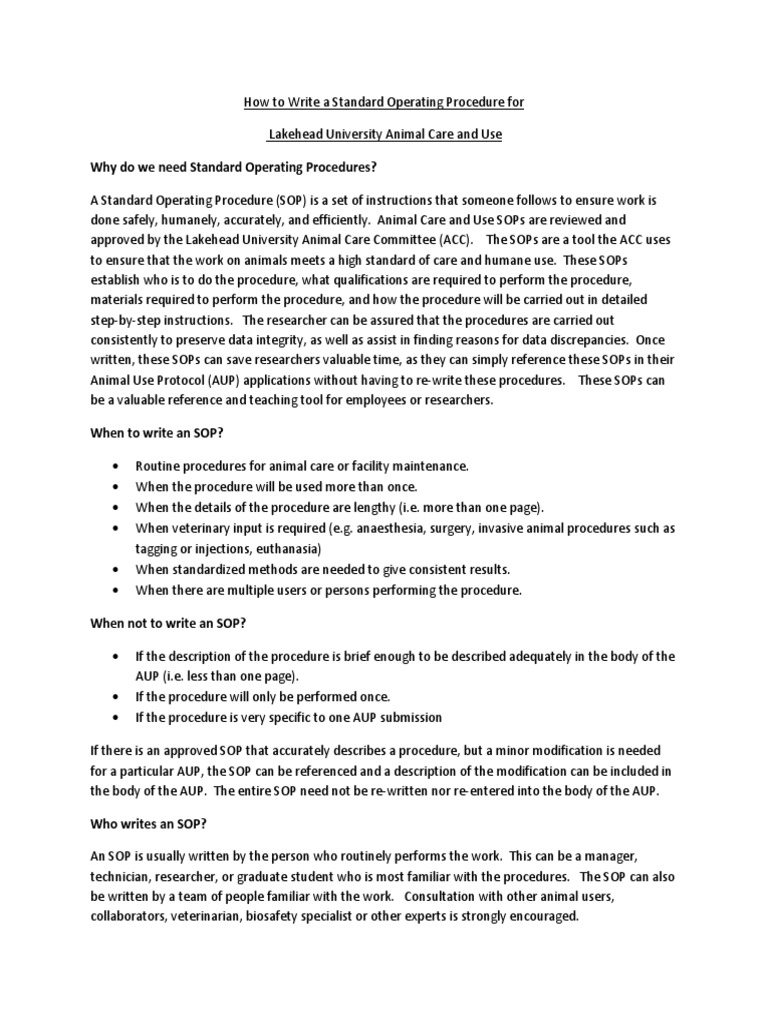 Standard Operating Procedures for Animal Care and Use at Lakehead ...