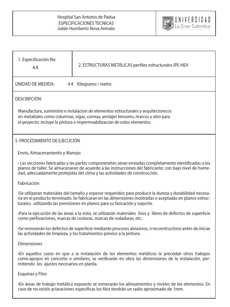 Formato de especificaciones técnicas - estructuras metalicas | Tornillo ...