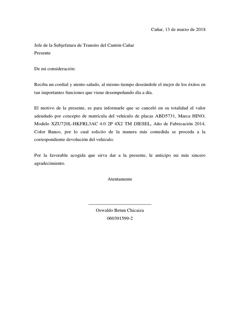 Oficio Devolucion Vehiculo Retenido | PDF