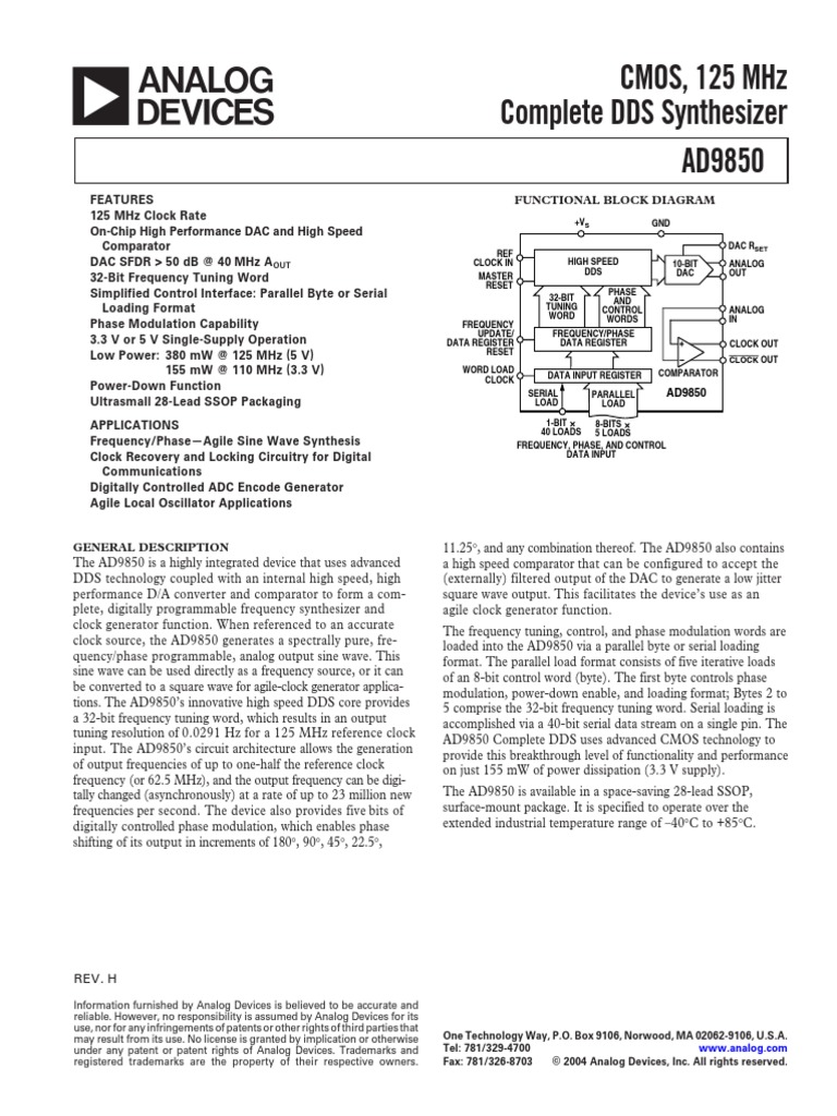 Cmos, 125 MHZ Complete Dds Synthesizer Ad9850: Low Power | PDF ...
