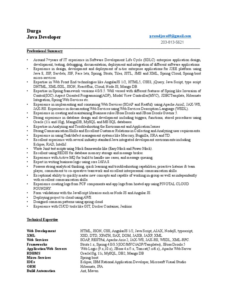 Durga Prasad Java Developer Pdf Angular Js Spring Framework