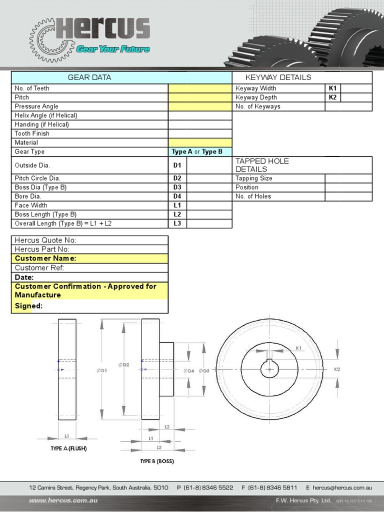 Gear Data Keyway Details: Customer Name: Date: Customer Confirmation ...