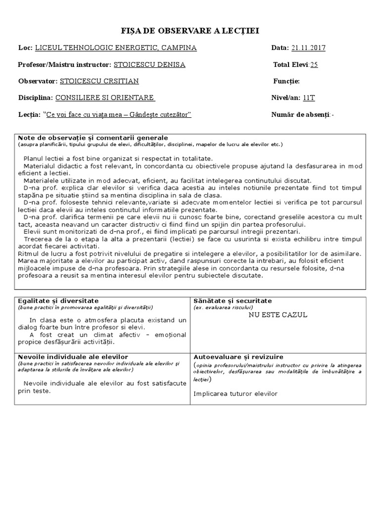 Fisa de Observare A Lectiei Dirigentie | PDF