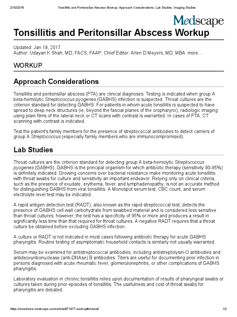 Tonsillitis and Peritonsillar Abscess Workup - Approach Considerations ...