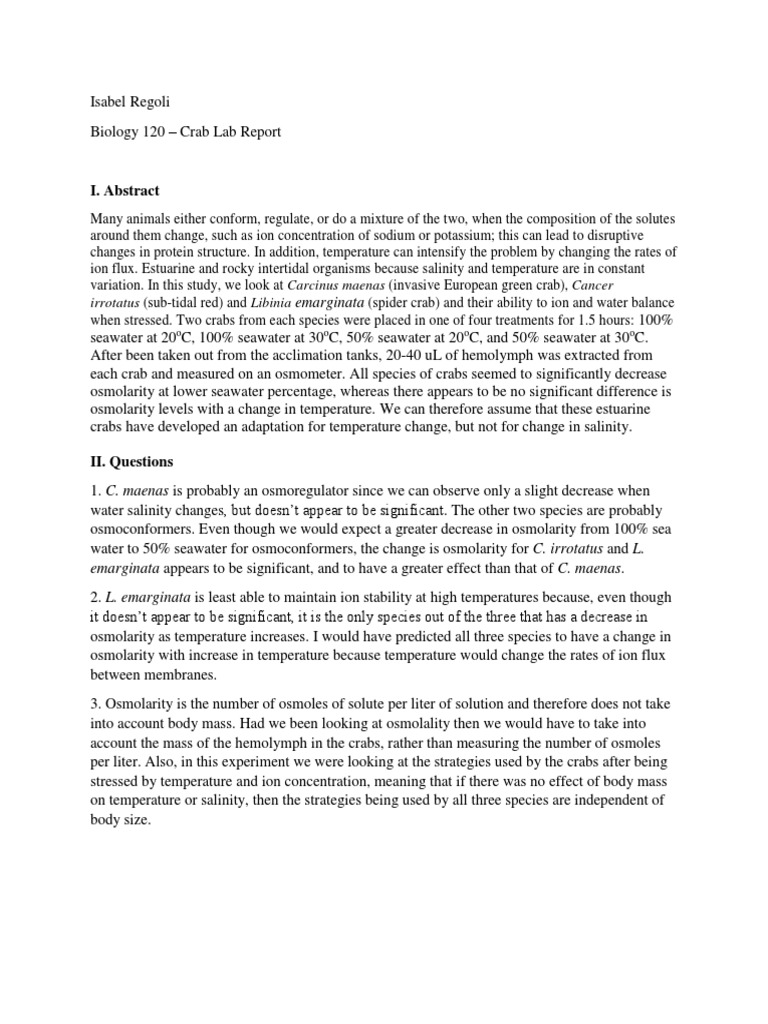 Crab Lab Report | PDF | Seawater | Biology