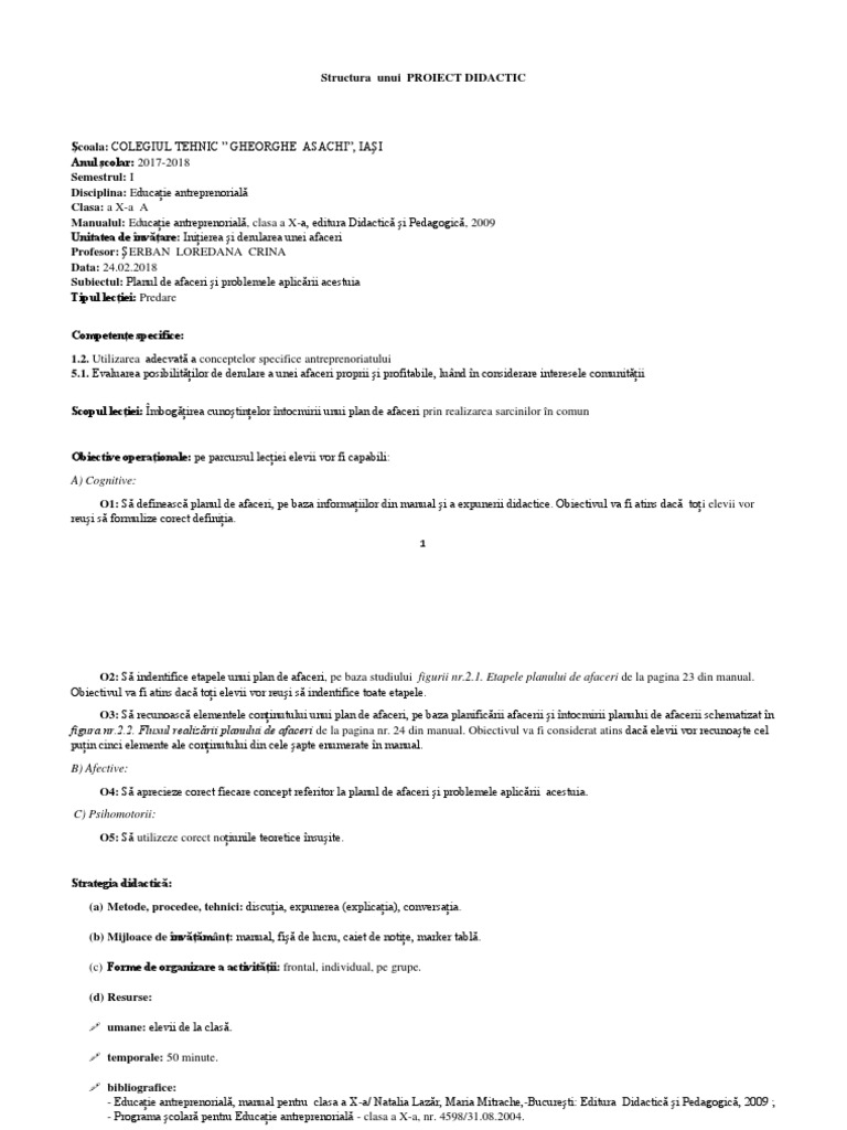 Structura Unui PROIECT DIDACTIC, Lectie de Predare | PDF