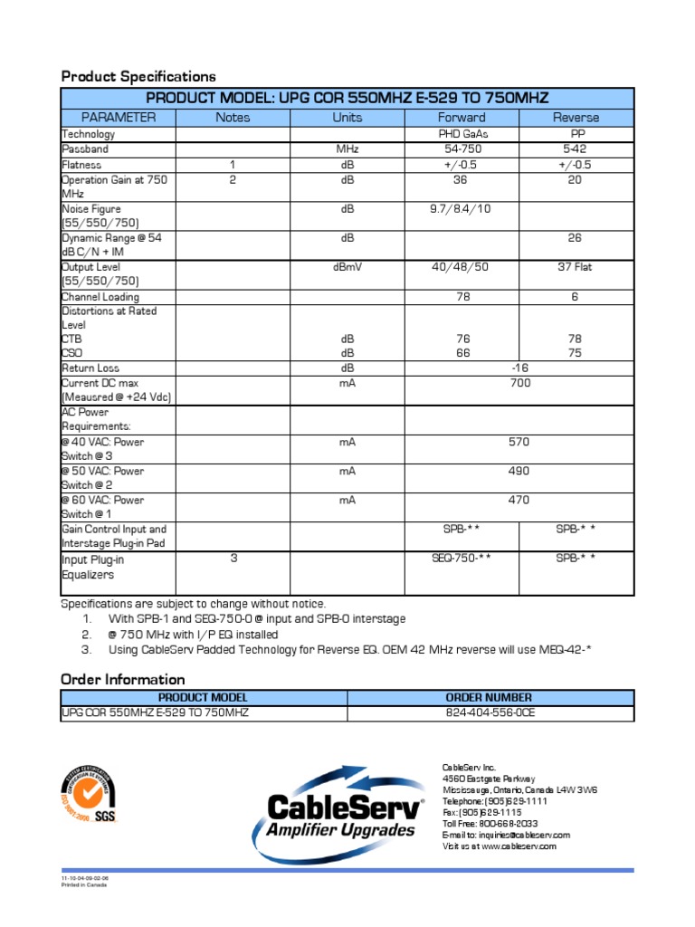 Optimizing Performance: Product Specifications for the UPG COR 550MHz E-529 to 750MHz Amplifier ...