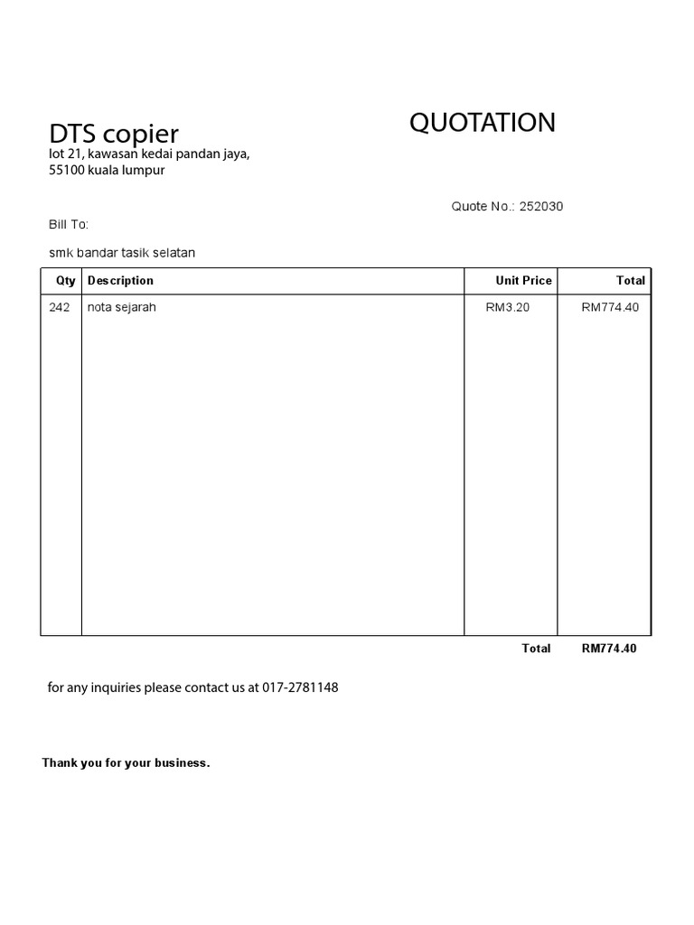 DTS Copier Quotation: Lot 21, Kawasan Kedai Pandan Jaya, 55100 Kuala ...