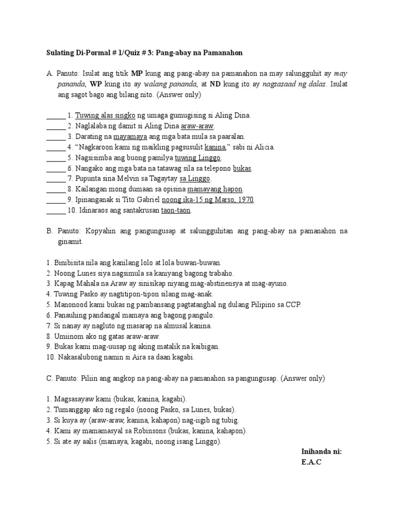 Pang-Abay Na Pamanahon | PDF