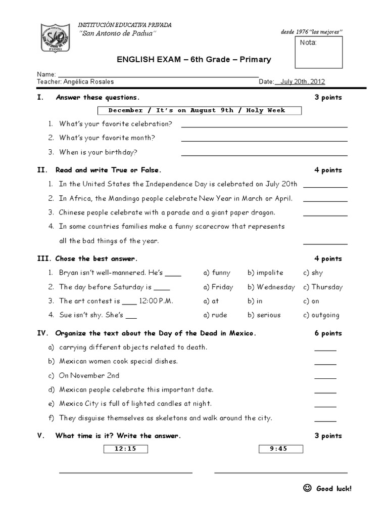 6th Grade English Exam Questions | PDF