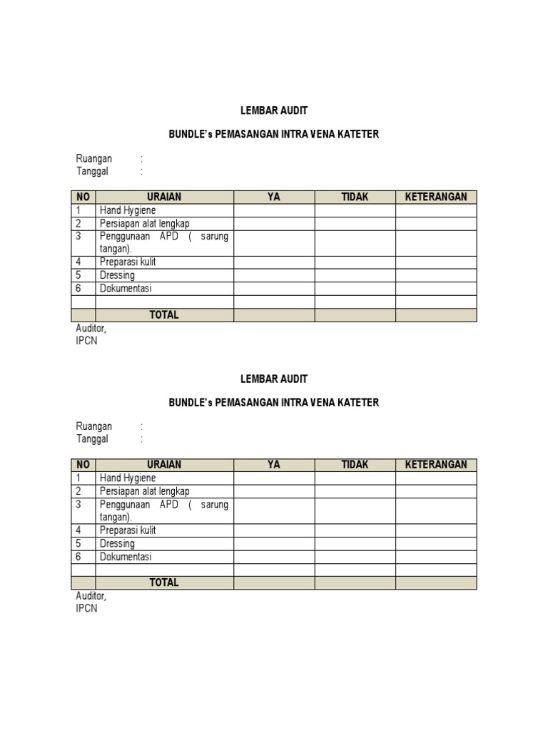 Lembar Audit Bundles Pemasangan Kateter Intravena | PDF