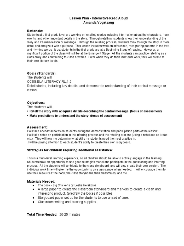 1st Grade Interactive Read-Aloud Lesson Plan | PDF | Lesson Plan ...