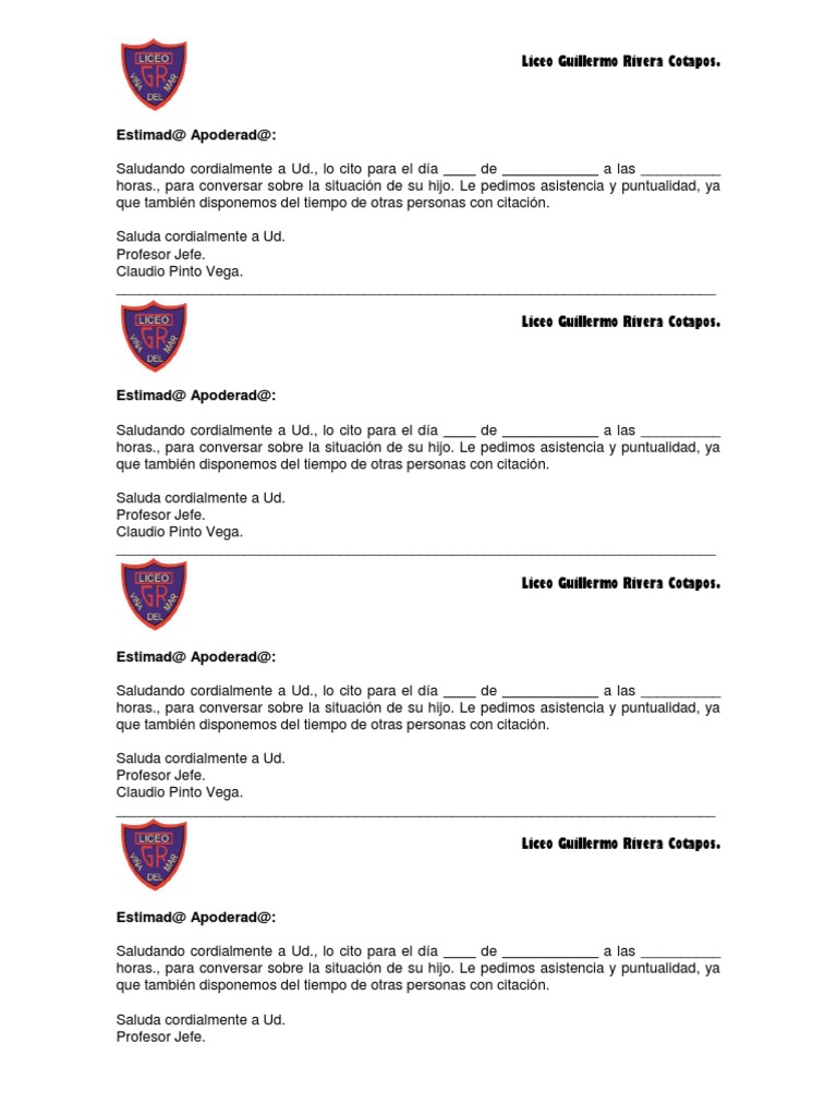 Formato comunicación citación apoderado