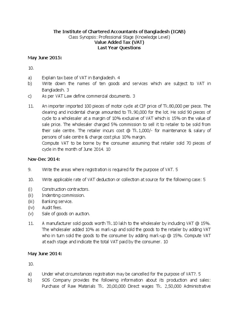 ICAB Last Year Question (Knowledge Level) | PDF | Value Added Tax | Taxes