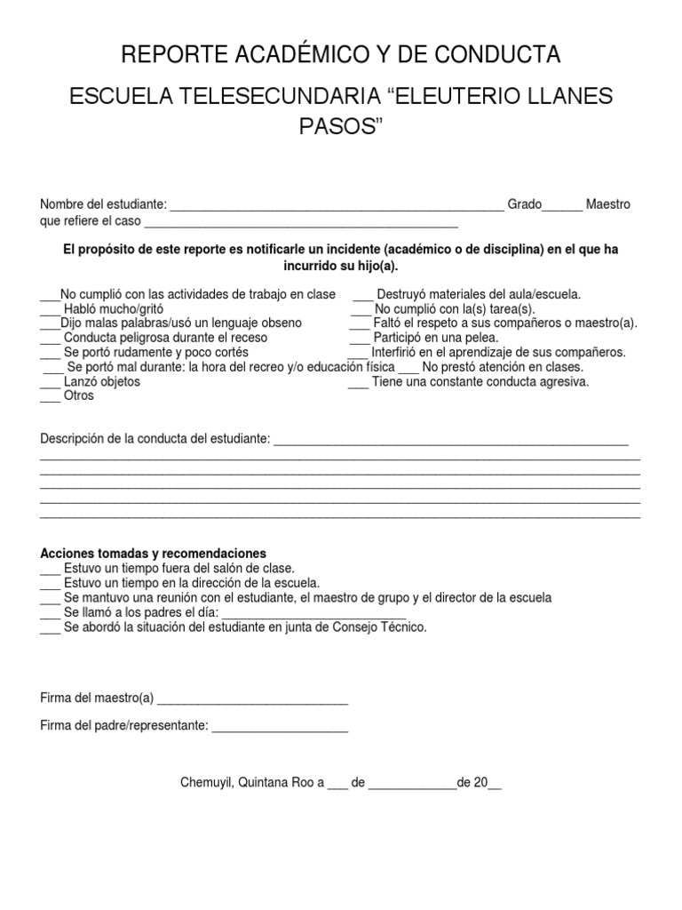 Reporte Académico y de Conducta | PDF