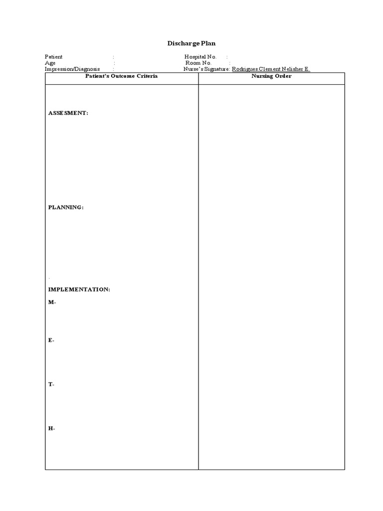 Patient Discharge Plan Template | PDF