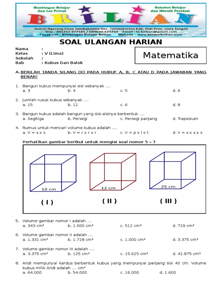 Soal Matematika Kelas 5 SD Bab 5 Kubus Dan Balok Dan Kunci Jawaban | PDF