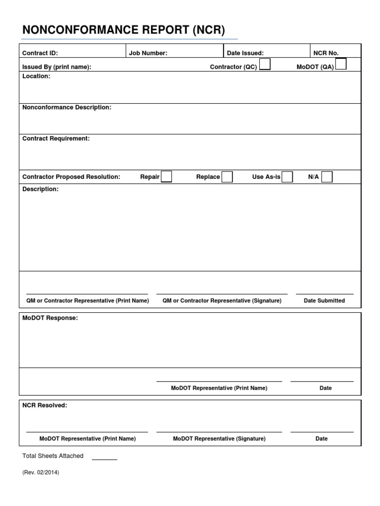 Nonconformance Report (NCR) : Total Sheets Attached | PDF