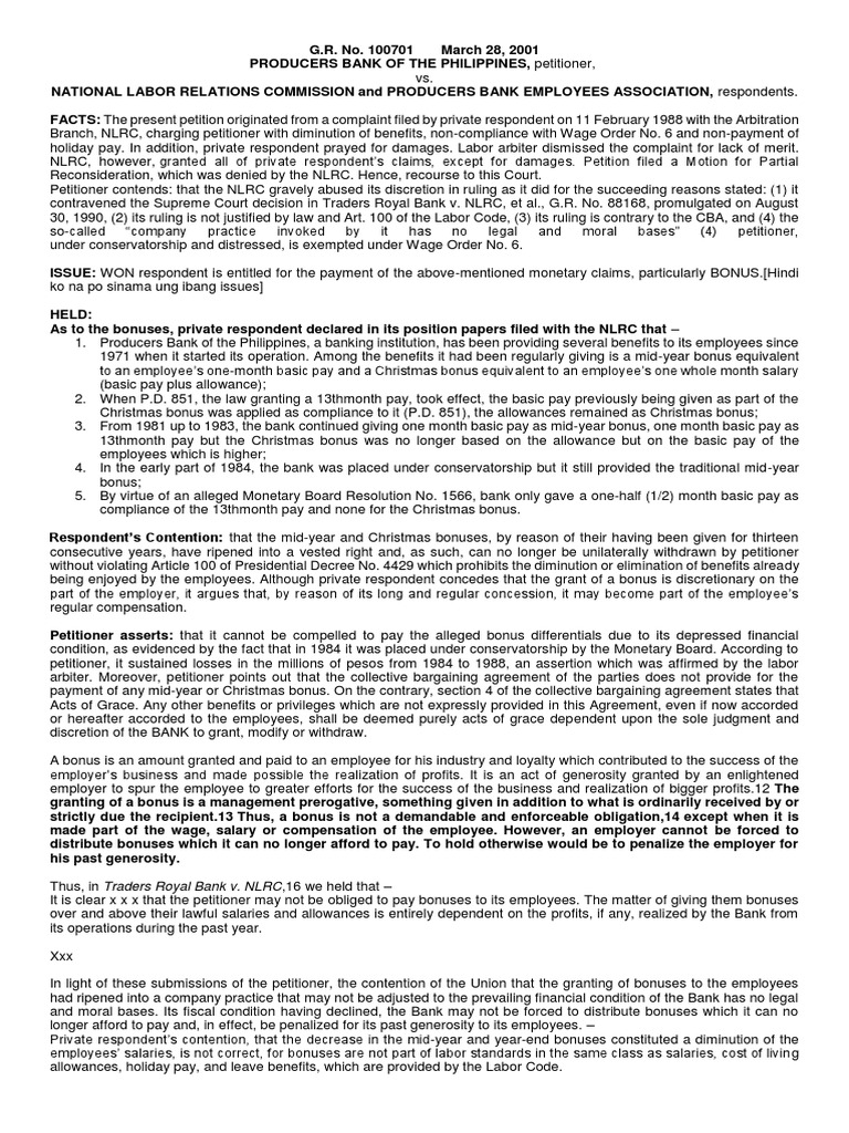 Producers Bank vs. NLRC Case Digest | PDF | Conservatorship | Employment