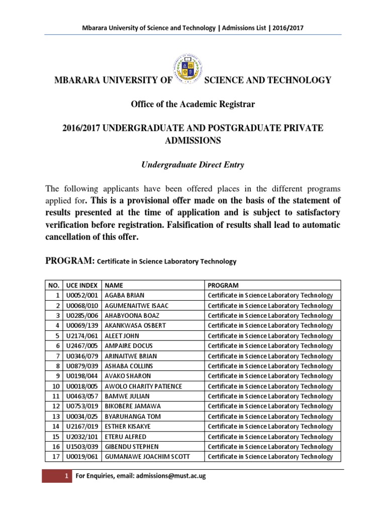 Mbarara University of Science and Technology admission list 2016/2017 ...