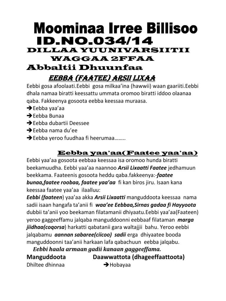 Jechoota Eebba Arsii Oromoo 1 | PDF